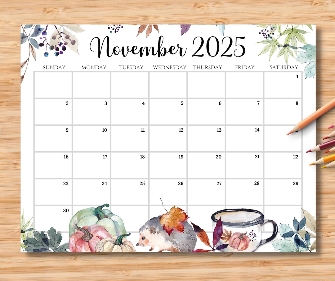 Calendario de noviembre de 2025 editable, hermoso otoño con calabazas y ...