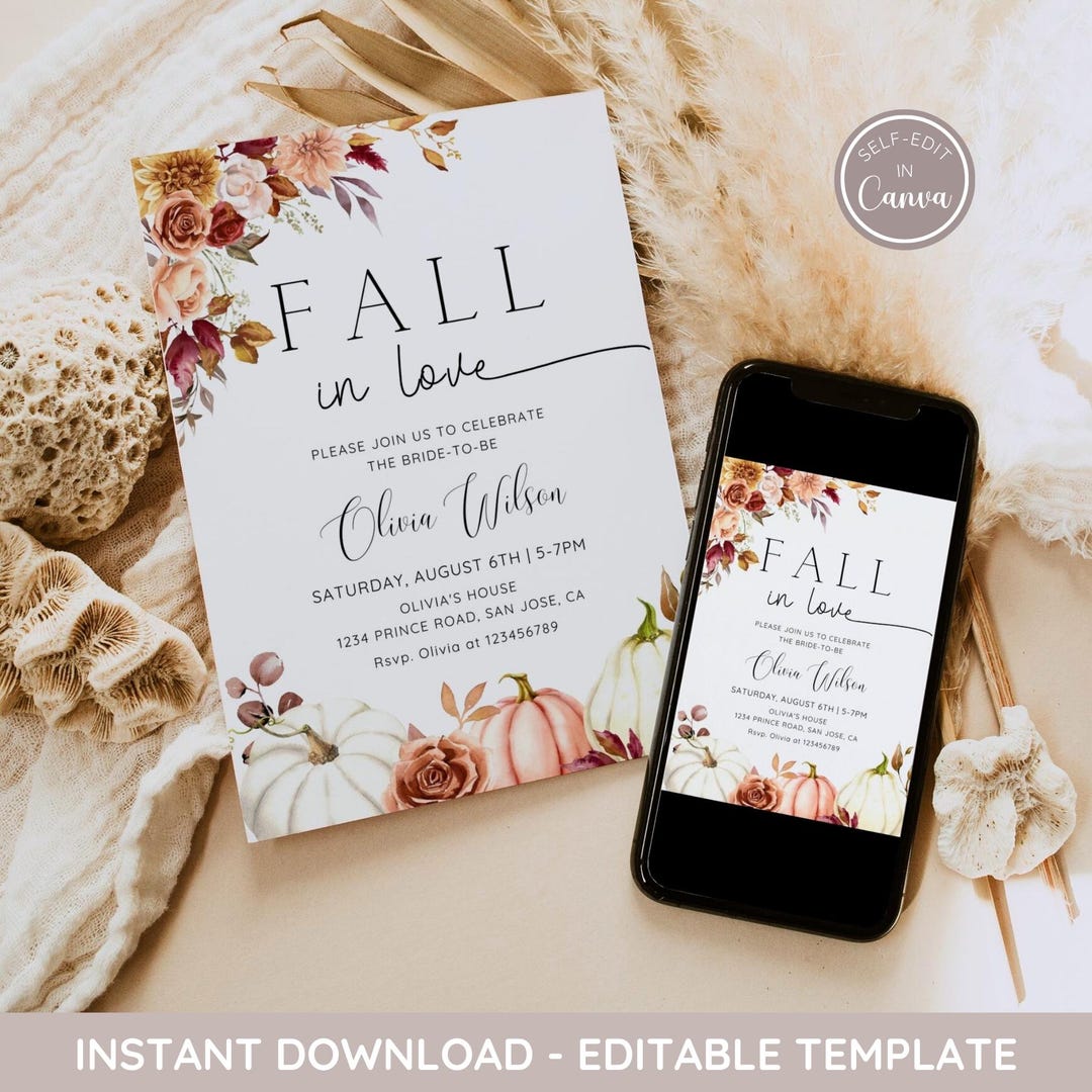 Fall in Love Bridal Shower Invitation, Floral Pumpkin Bridal Shower ...
