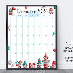 EDITABLE December 2024 Calendar vertical/portrait, Cute Gnome Christmas ...