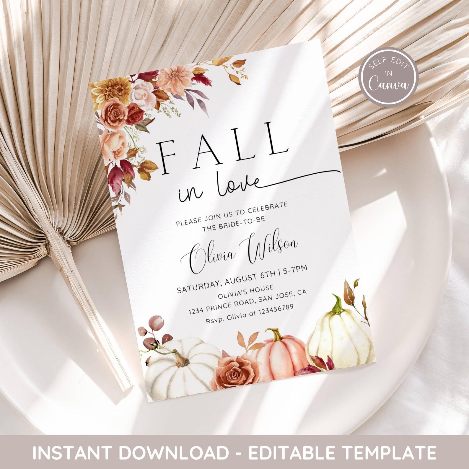 Fall in Love Bridal Shower Invitation, Floral Pumpkin Bridal Shower ...