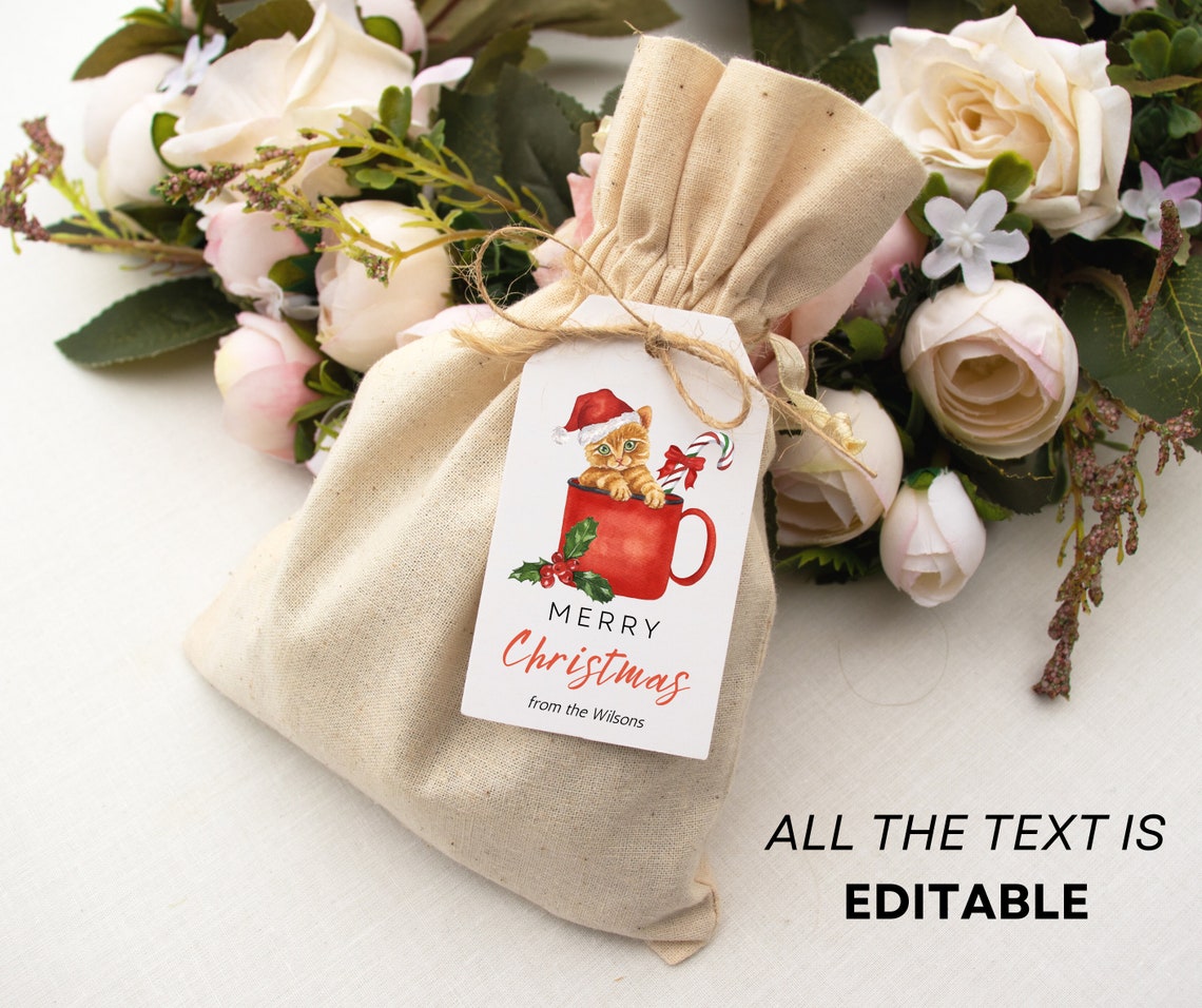 EDITABLE Cat Christmas Gift Tag Holiday Gift Tag Template W/ - Etsy