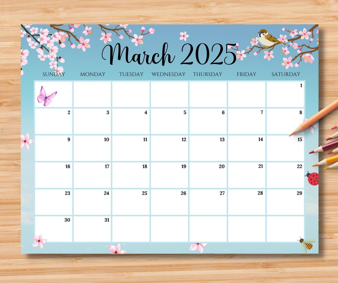 EDITABLE March 2025 Calendar, Beautiful Spring W/ Cherry Blossom, St ...