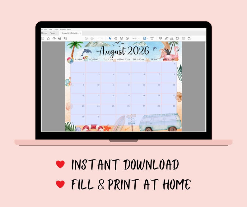Editable August 2026 Calendar, Printable Monthly Planner PDF, Letter ...