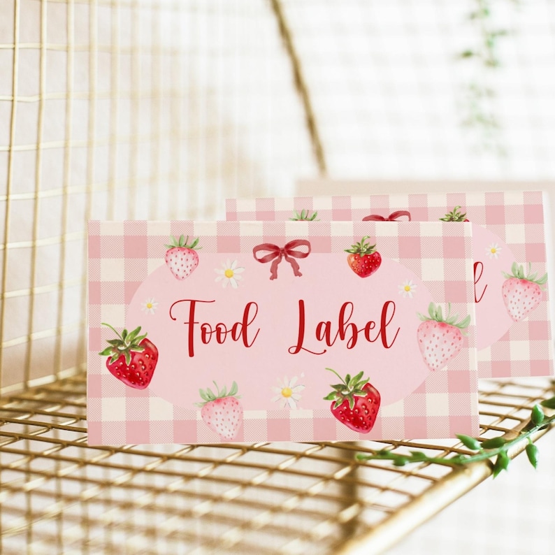 Editable Berry First Berry Sweet Place Card, Pink Gingham Strawberry ...