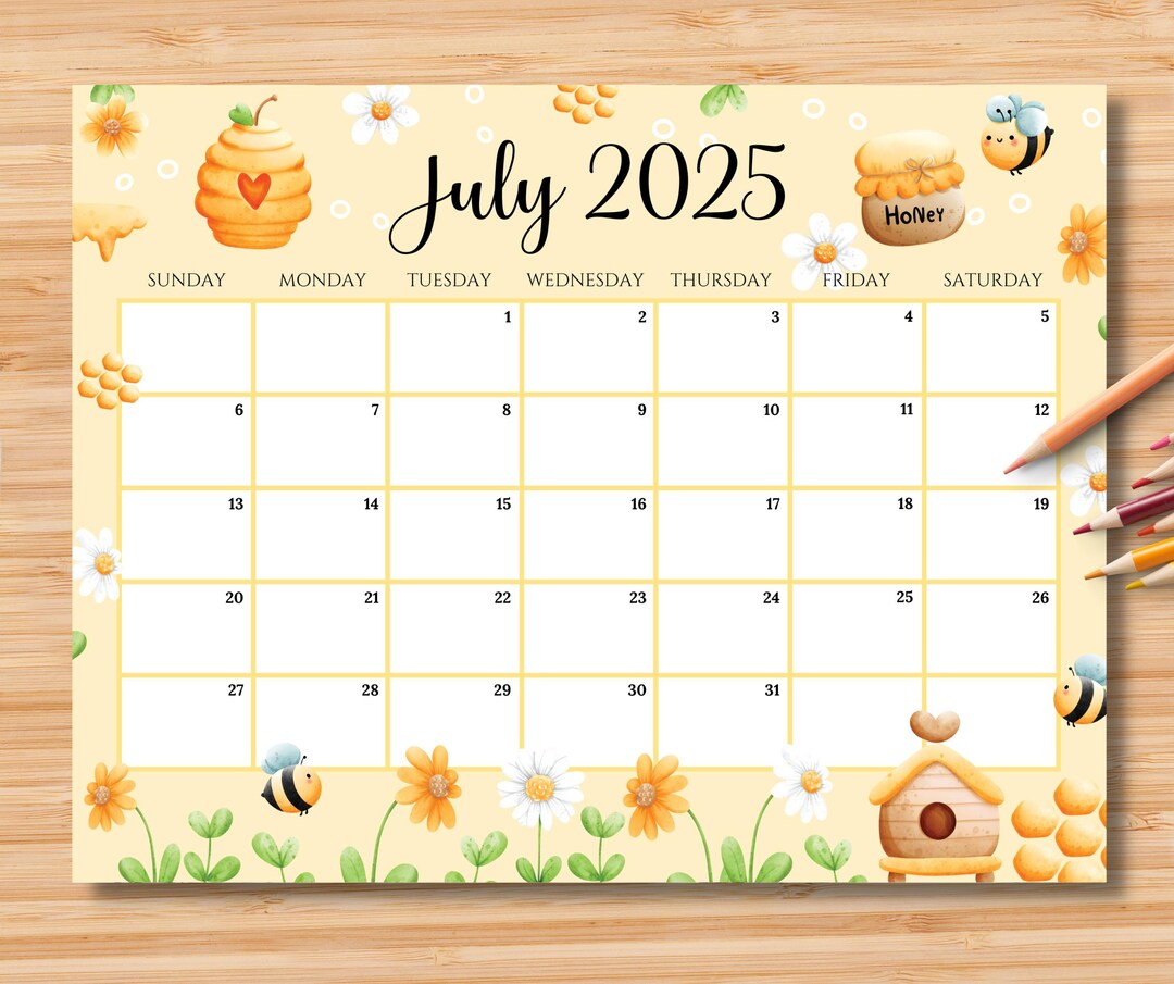 Editable July 2025 Calendar, Cute Summer Planner W/ Honey Bees ...
