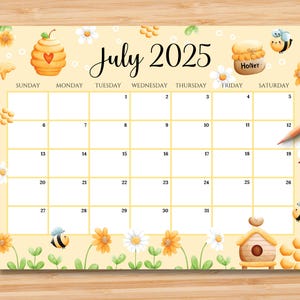 Editable July 2025 Calendar, Cute Summer Planner W/ Honey Bees ...