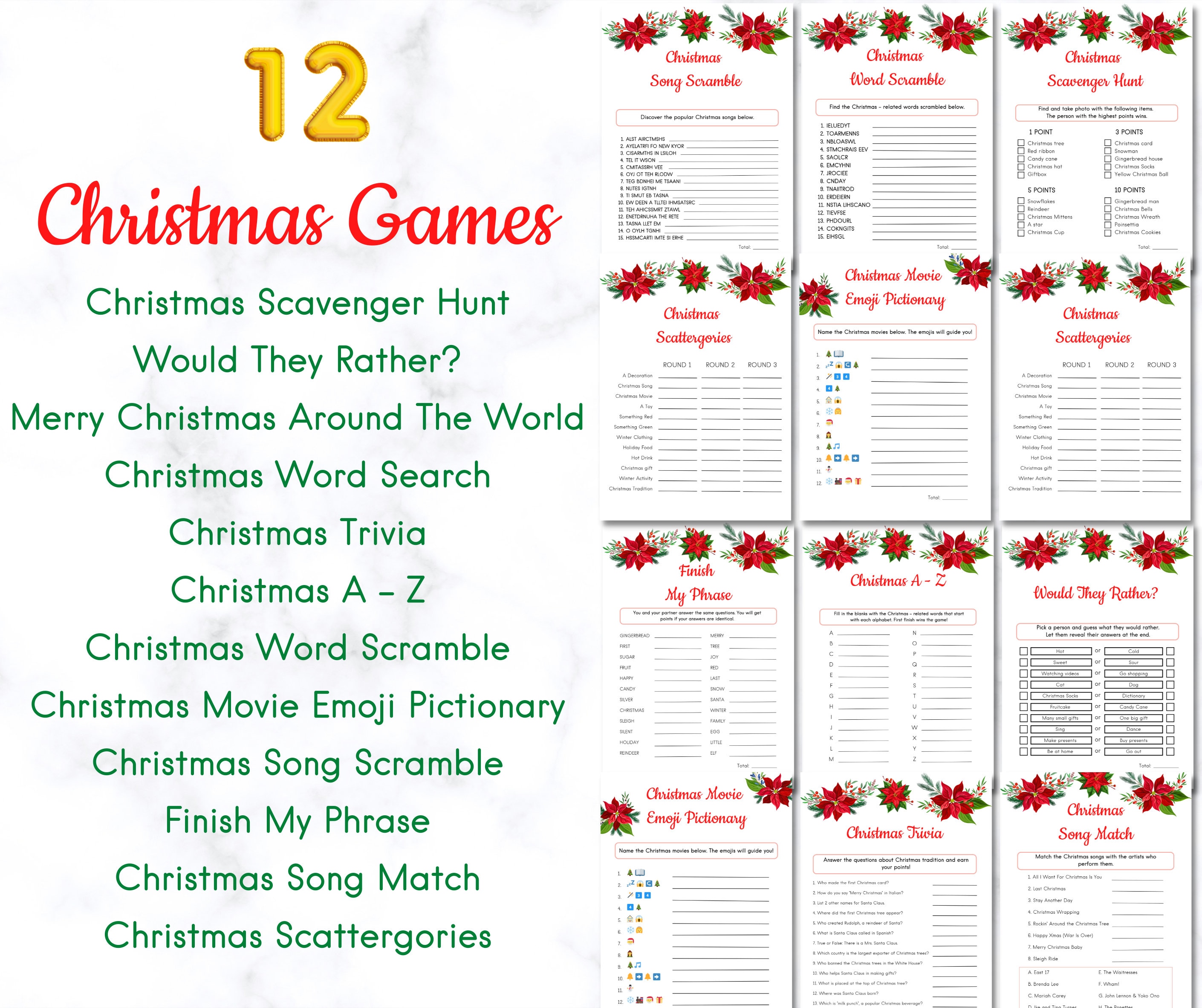 12 Printable Christmas Game Bundle Christmas Party Games for | Etsy