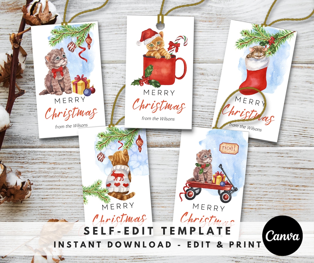 EDITABLE Cat Christmas Gift Tag, Holiday Gift Tag Template W/ Kittens ...
