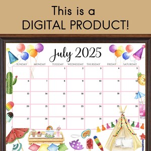 Editable July 2025 Calendar, Colorful Kids Picnic Party Planner ...