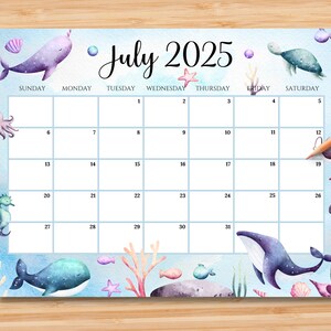 Editable July 2025 Calendar, Cute Undersea Animals, Summer Schedule ...