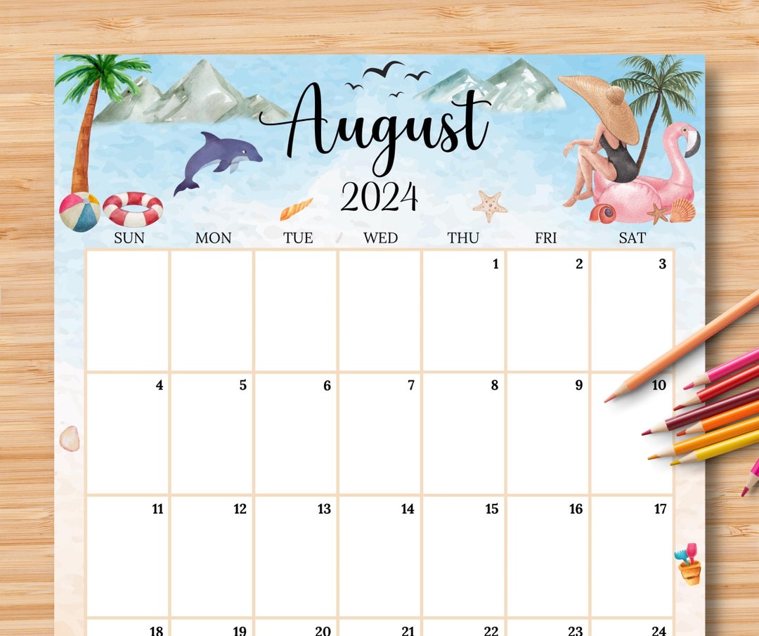 Buy EDITABLE August 2024 Calendar vertical/portrait, Relaxing Summer at ...