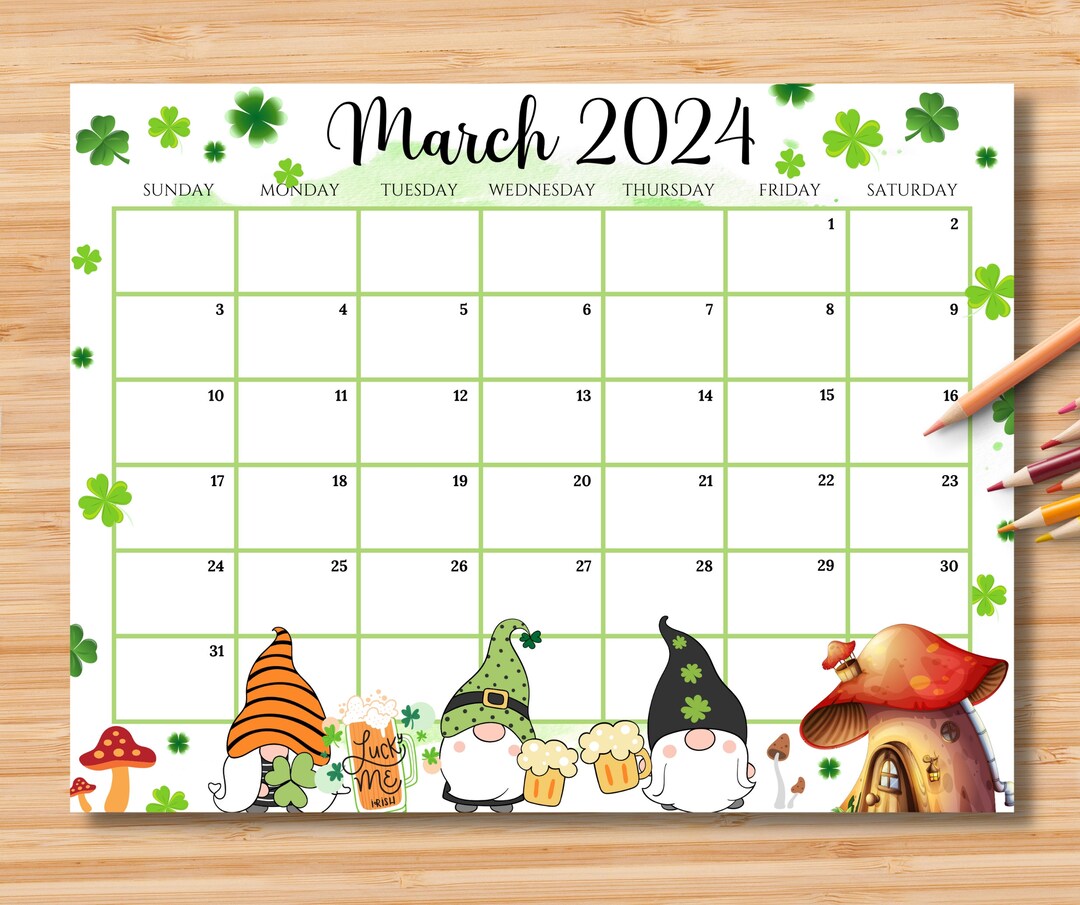 EDITABLE March 2024 Calendar, Happy St. Patrick's Day With Cute Gnome ...