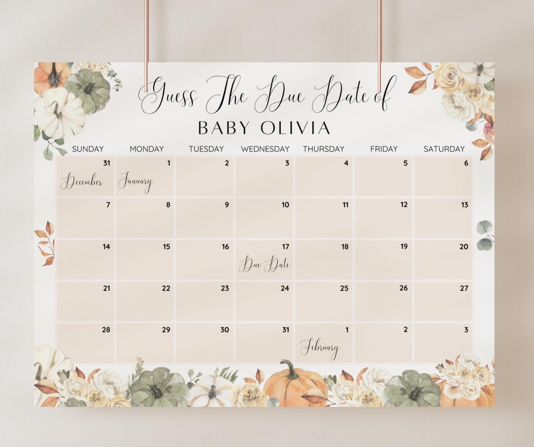 Editable Little Pumpkin Baby Shower Due Date Calendar, Fall Autumn Baby ...