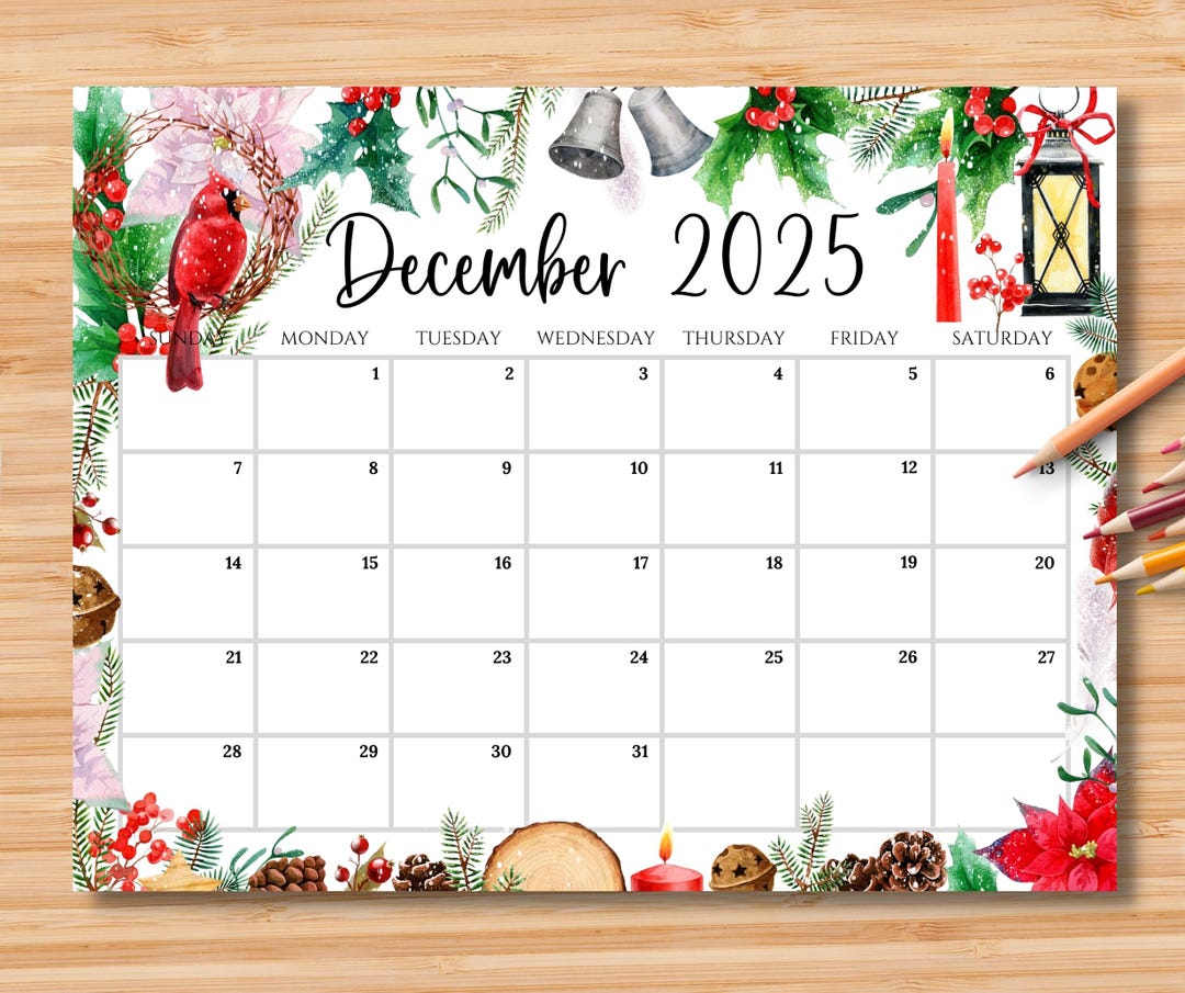 EDITABLE December 2025 Calendar, Gorgeous Colorful Christmas With Bird ...