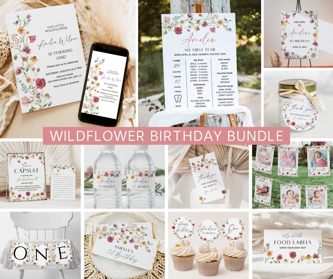 Little Wildflower Birthday Invitation Bundle, Wildflower First Birthday ...