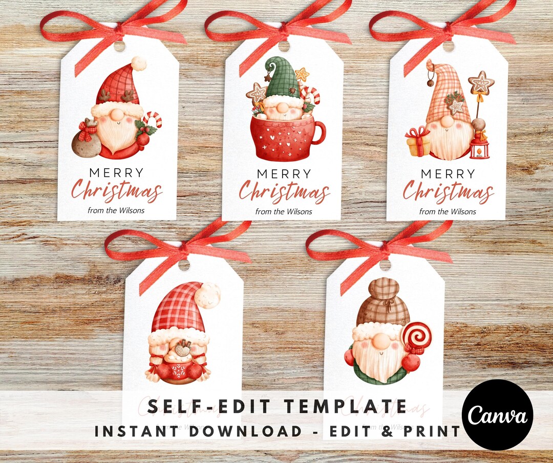 EDITABLE Christmas Gift Tag, Holiday Gift Tag Template With Cute Gnomes ...