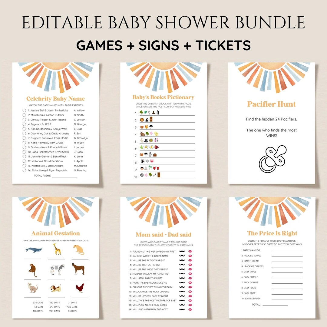 Sunshine Baby Shower Game Bundle, Here Comes the Son Game, Boy Baby ...
