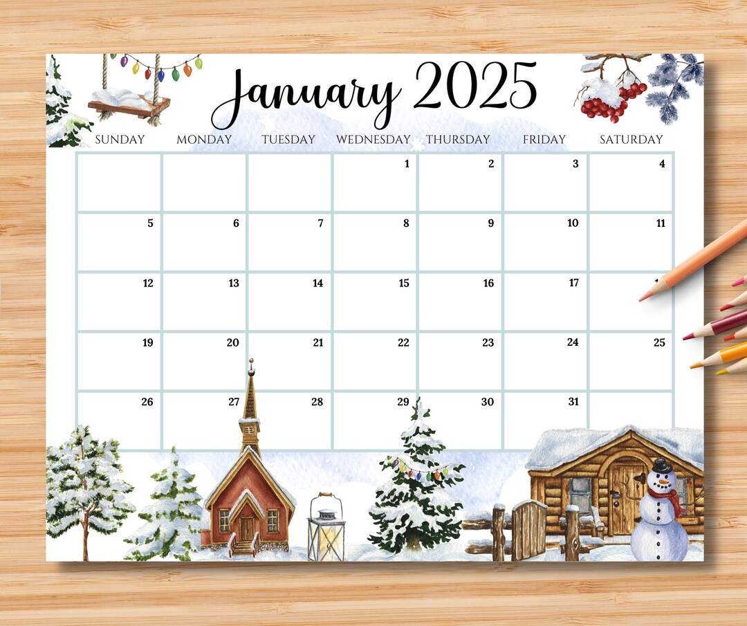 EDITABLE January 2025 Calendar, Beautiful Winter in a Village ...