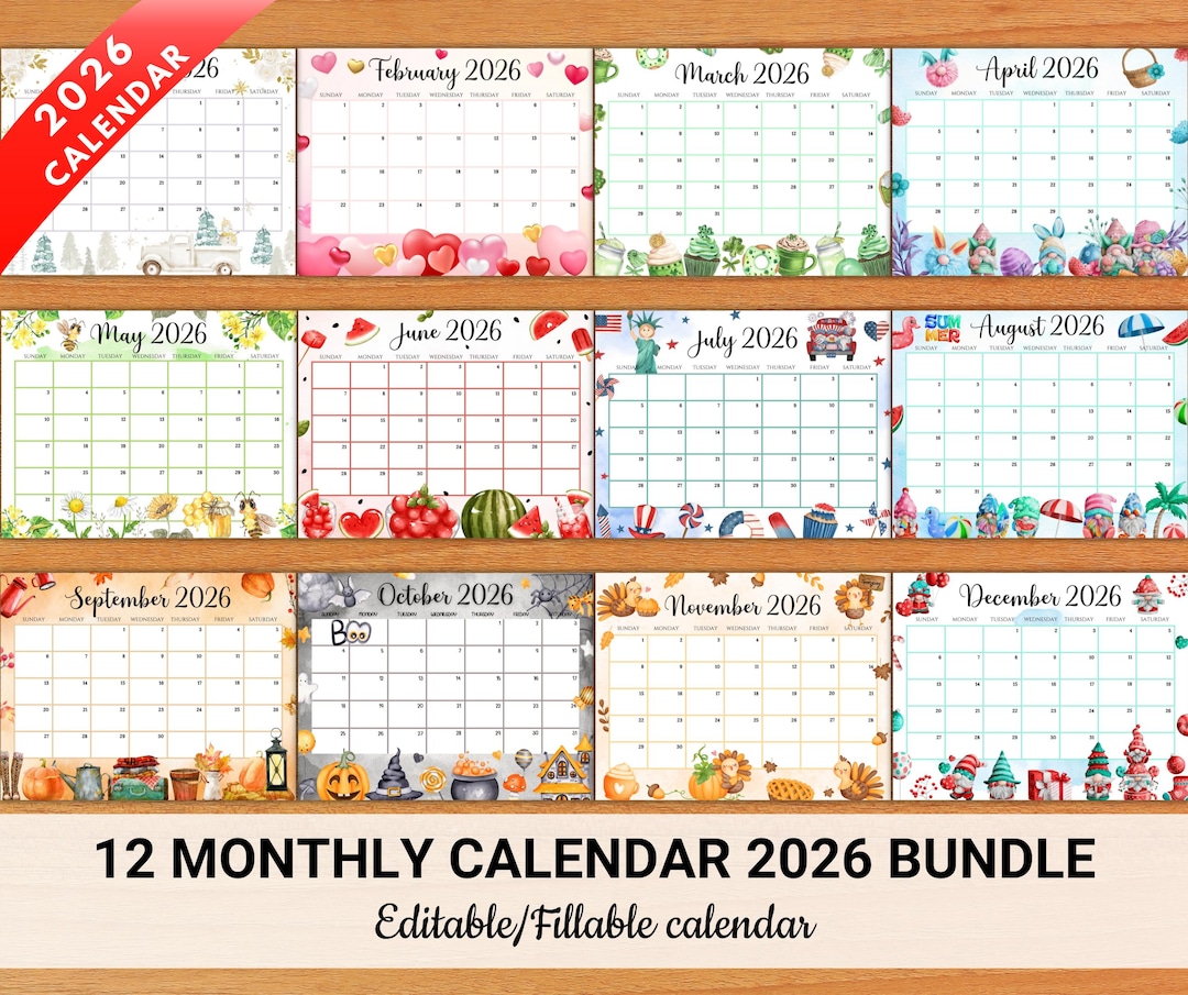 EDITABLE 2026 Monthly Calendar Bundle | Cute Printable Planner for Work ...