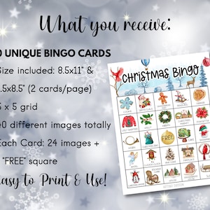 Christmas Bingo, 50 Unique Bingo Cards W/label, Christmas Bingo ...