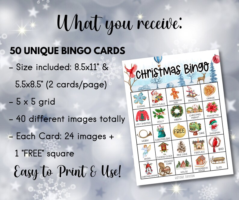 Christmas Bingo, 50 Unique Bingo Cards W/label, Christmas Bingo ...
