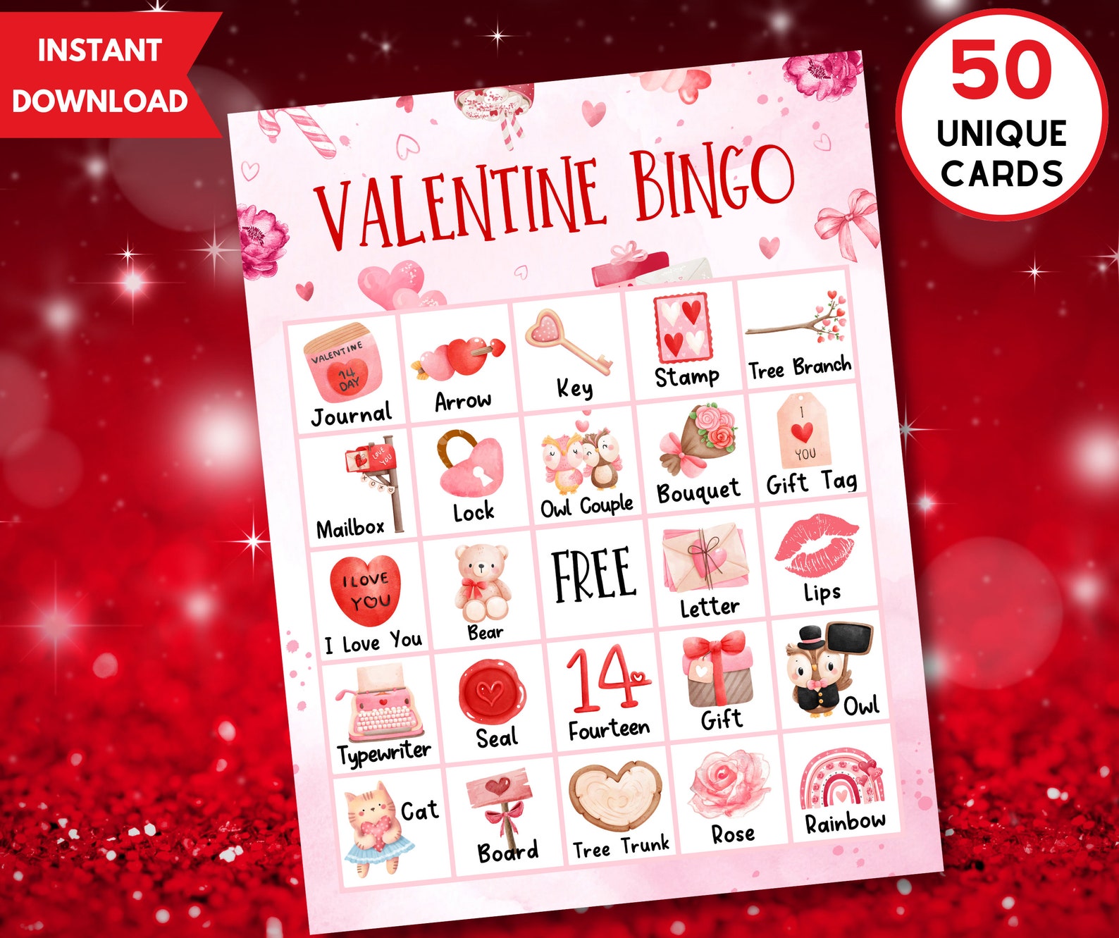 Printable Valentine Bingo Game 50 Unique Bingo Cards - Etsy
