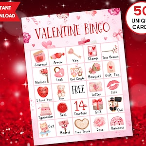 Printable Valentine Bingo Game, 50 Unique Bingo Cards W/labels ...