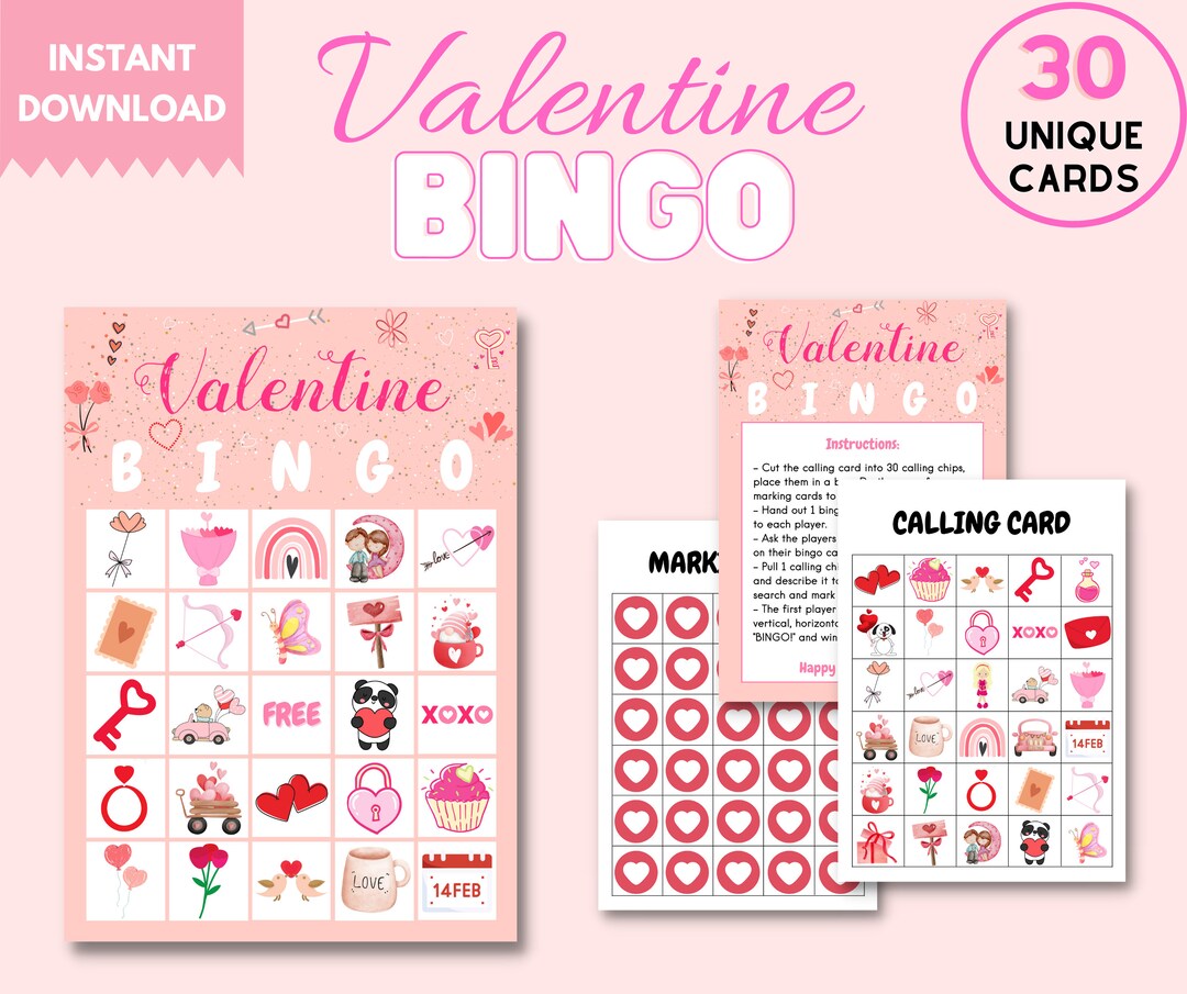 Printable Valentine Bingo, 30 Unique Bingo Cards, Valentine Activity ...