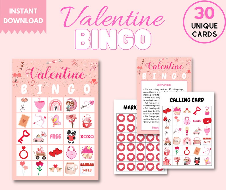 Printable Valentine Bingo 30 Unique Bingo Cards Valentine - Etsy