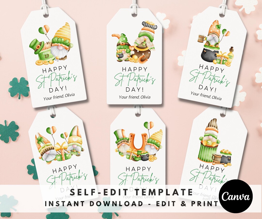 EDITABLE St. Patrick's Day Gift Tag, St Patrick's Day Tag W/ Cute Gnome ...
