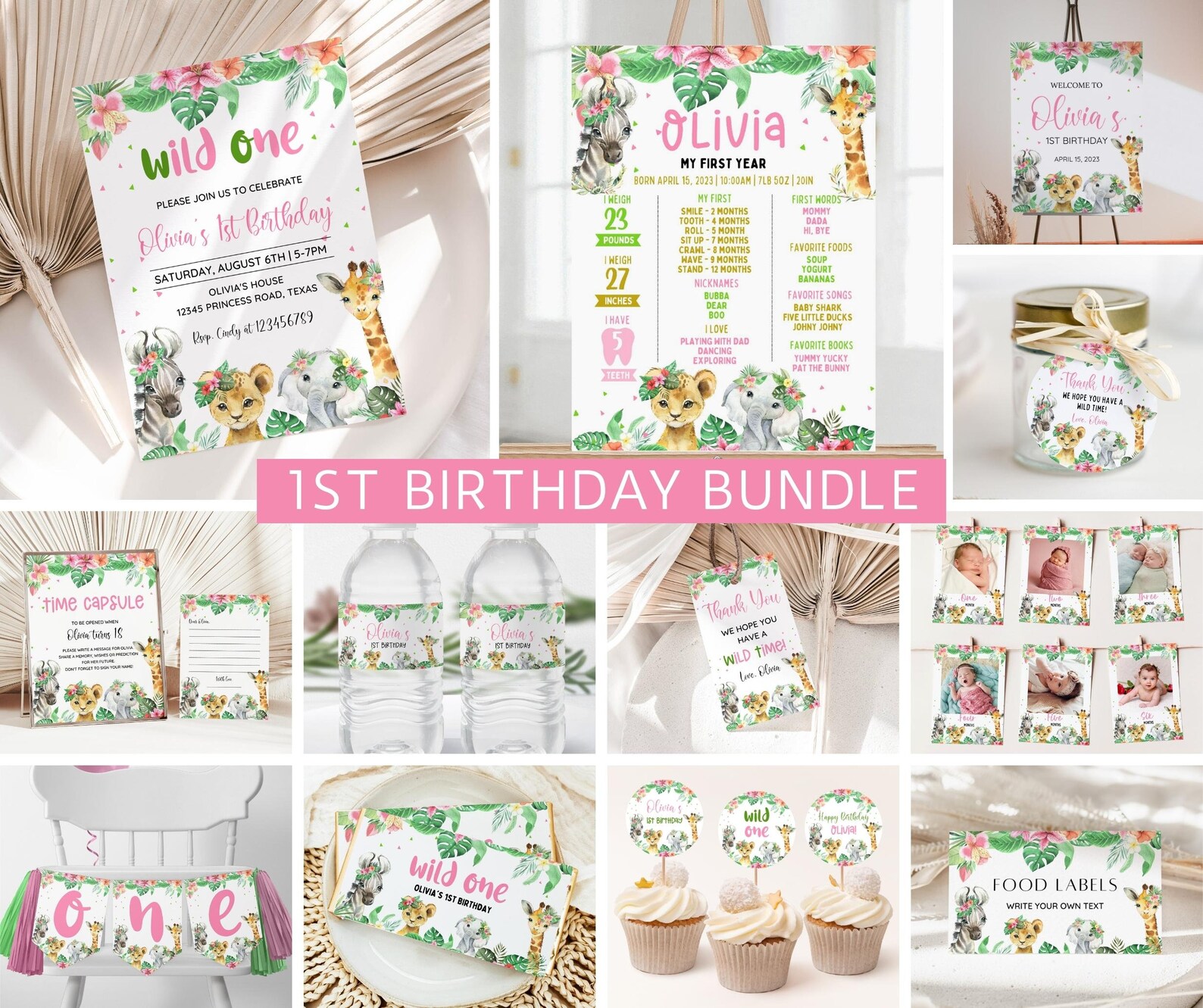 Wild One 1st Birthday Girl Bundle, Wild One Girl Invitation, Safari ...