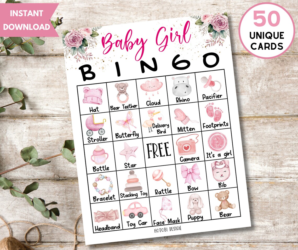 50 Baby Girl Bingo Game Cards Watercolor Pink Aesthetic Baby - Etsy