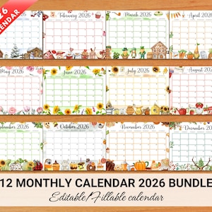 Editable 2026 Watercolor Calendar Bundle, Fillable Monthly Planner PDF ...