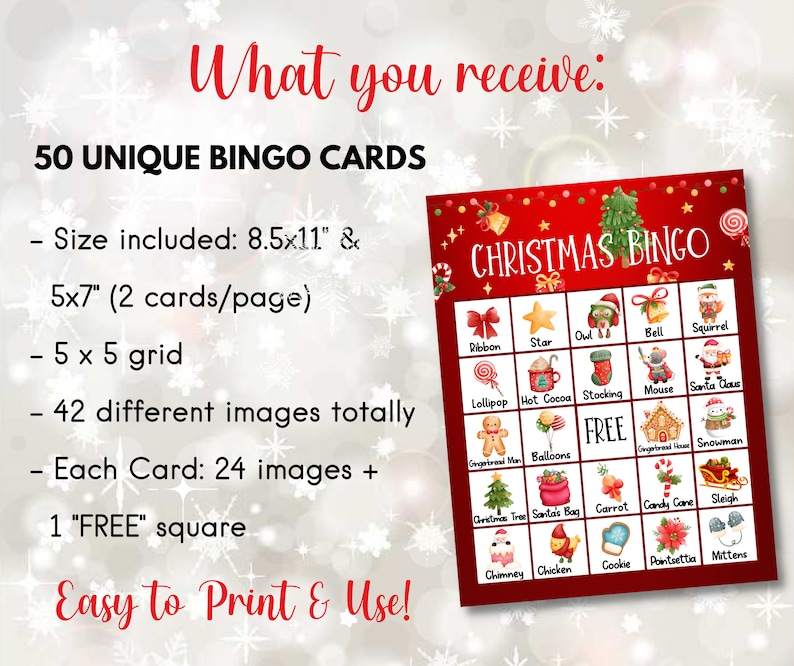 Printable Christmas Bingo Game 50 Unique Bingo Cards - Etsy