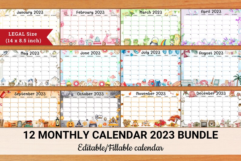 EDITABLE Watercolor Calendar 2023 Bundle Legal Size - Etsy