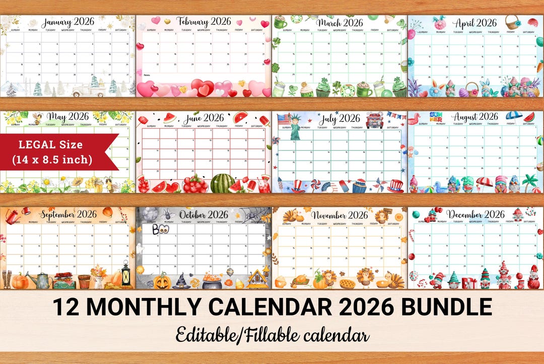 EDITABLE 2026 Calendar Bundle, Legal Size (14x8.5in), Cute Printable ...