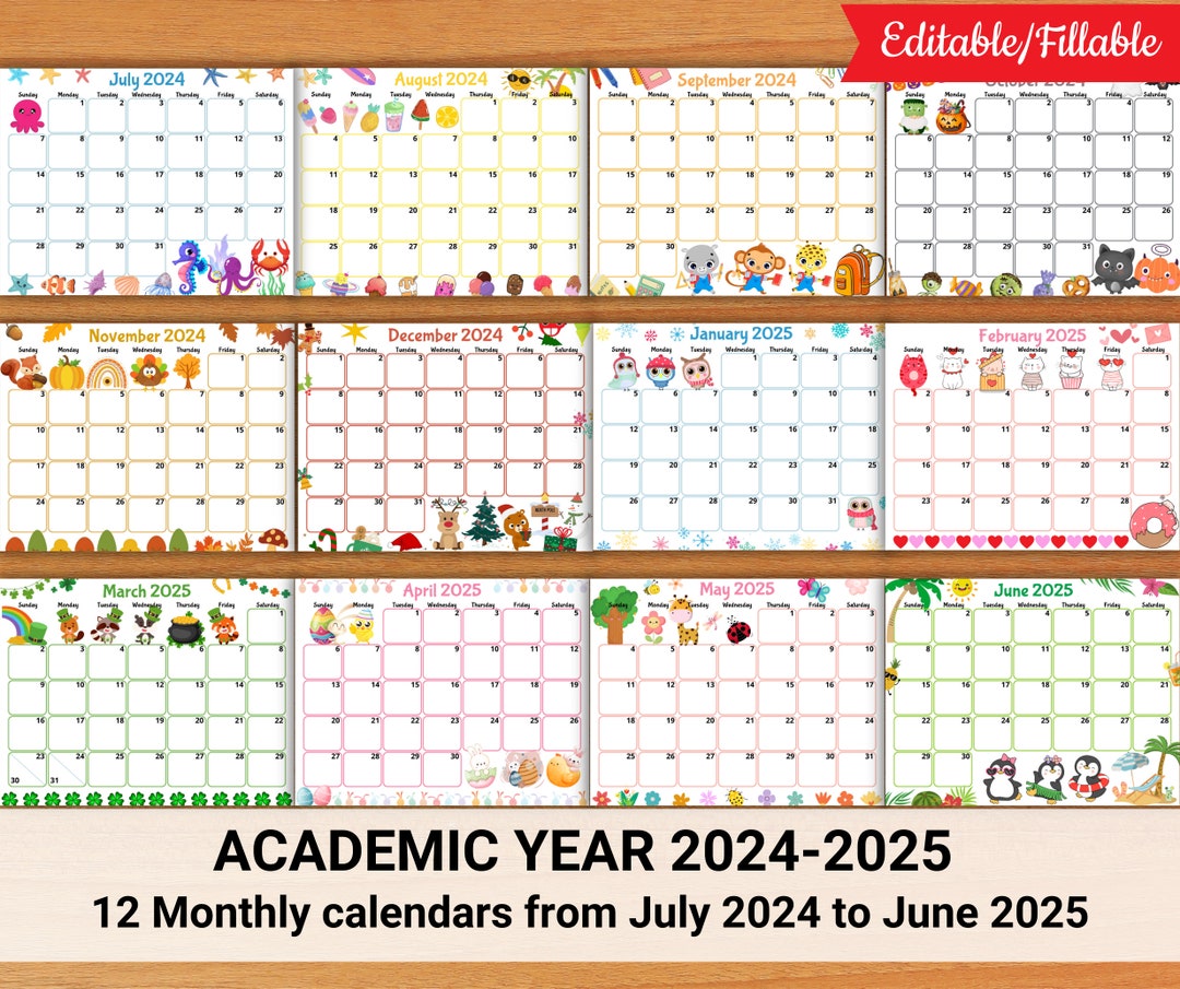 EDITABLE School Calendar 2024-2025 From July to June, Back to School ...