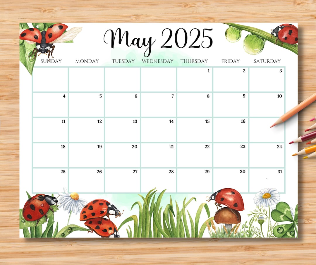 EDITABLE May 2025 Calendar, Beautiful Spring With Cute Bugs and Flowers ...