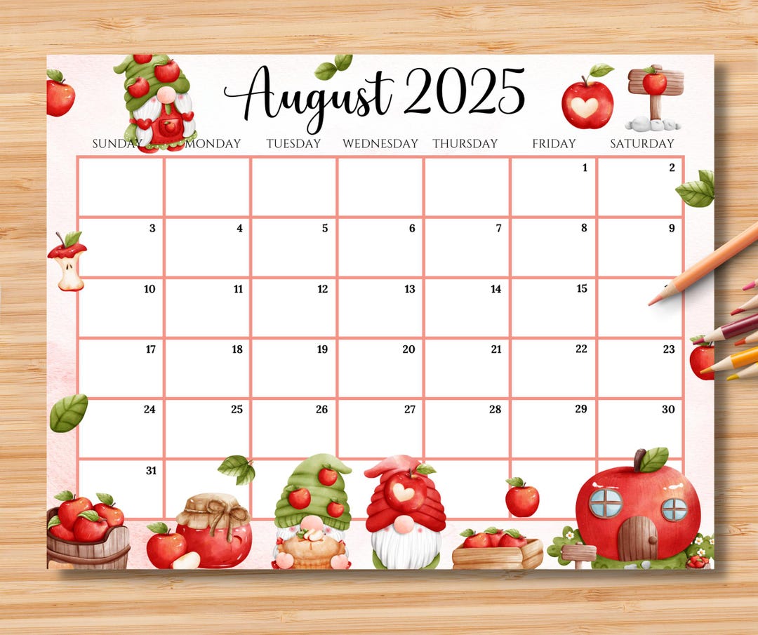 EDITABLE August 2025 Calendar, Sweet Summer With Cute Apple Gnomes ...