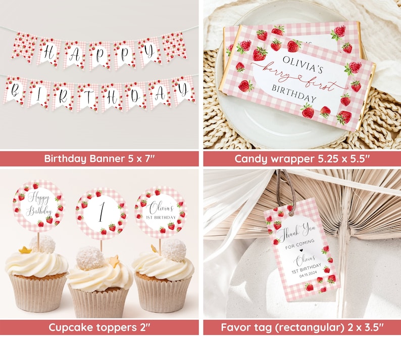 Pink Gingham Berry First Birthday Invitation Bundle, Strawberry 1st ...