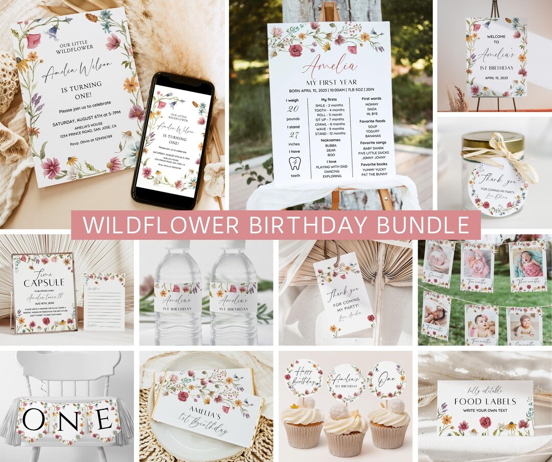 Wildflower Birthday Invitation Bundle, Little Wildflower First Birthday ...