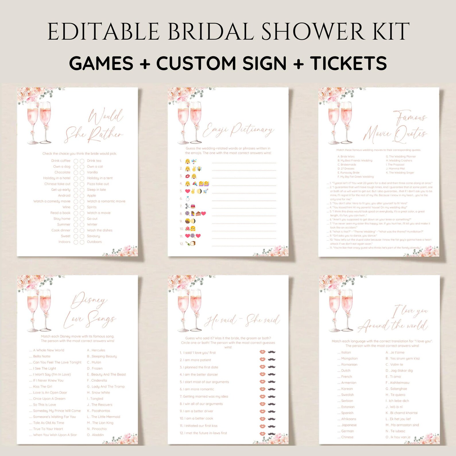 Petals and Prosecco Bridal Shower Game Bundle, Game Package for Bridal ...