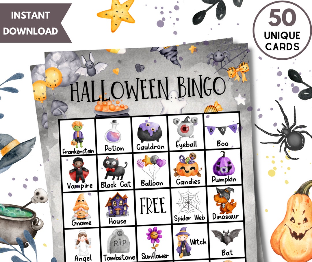 Printable Halloween Bingo, 50 Unique Bingo Cards With Label, Halloween ...