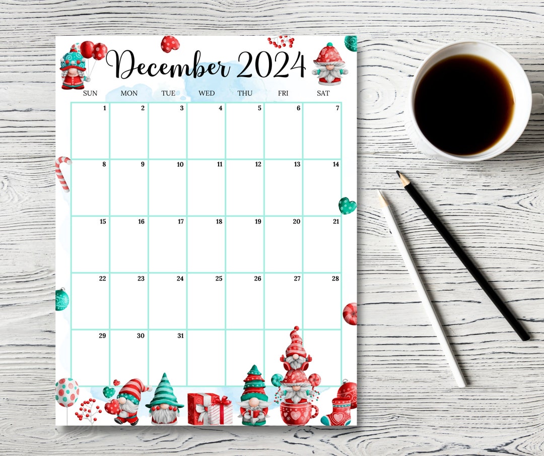 EDITABLE December 2024 Calendar vertical/portrait, Cute Gnome Christmas ...