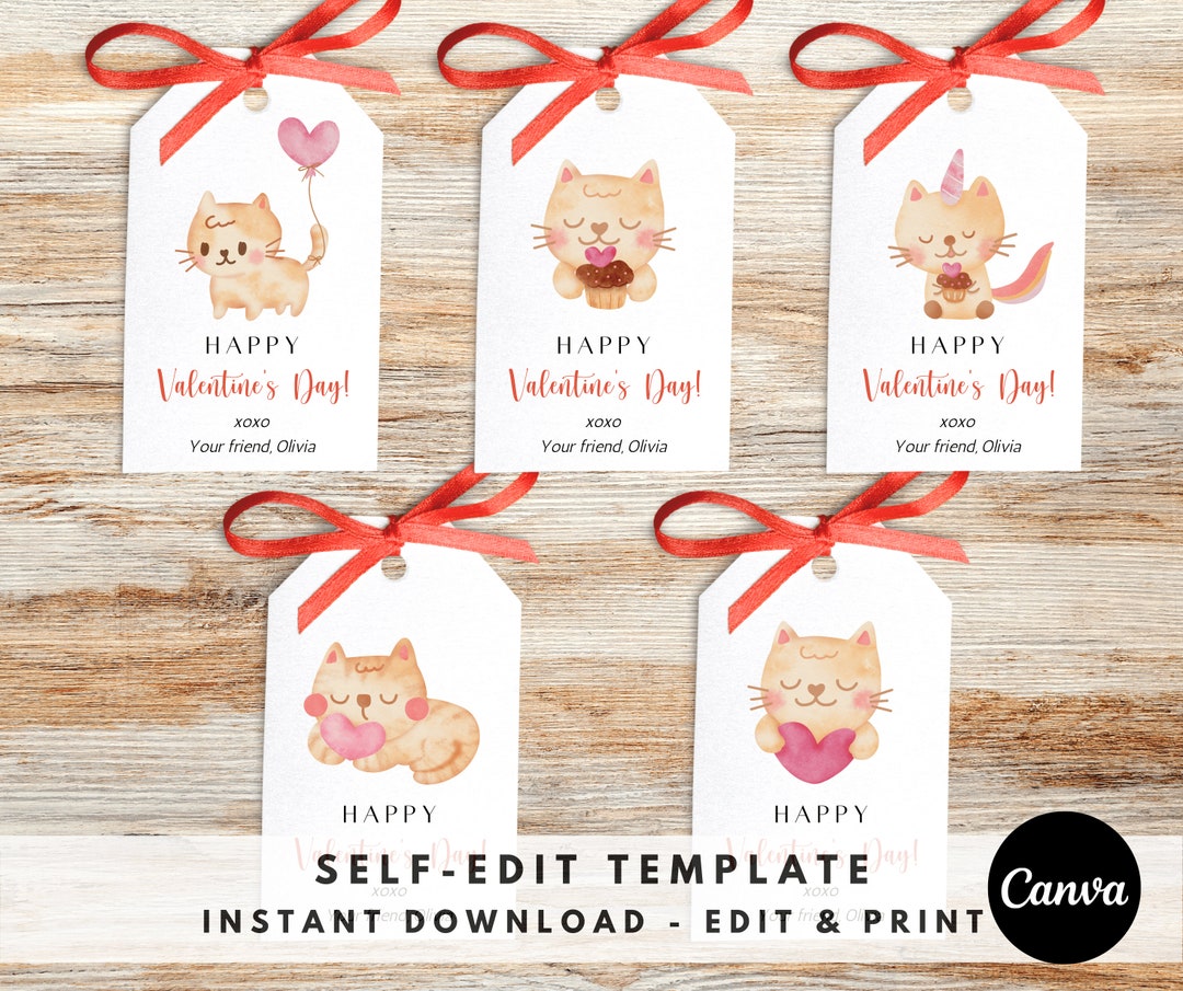 EDITABLE Valentine Gift Tag, School Gift Tag Template With Cute Cats ...