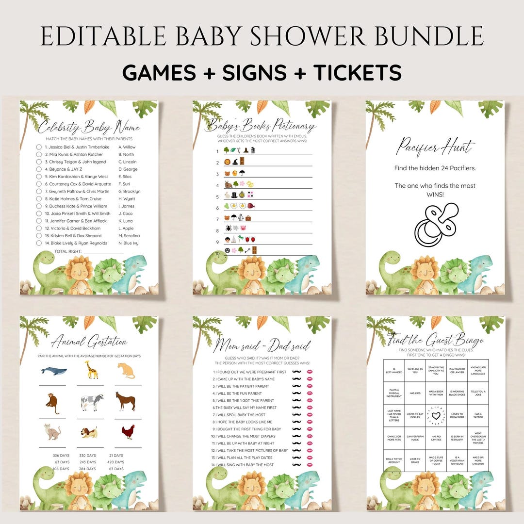 Dinosaur Baby Shower Game Bundle, Dinosaur Baby Shower Game Package ...