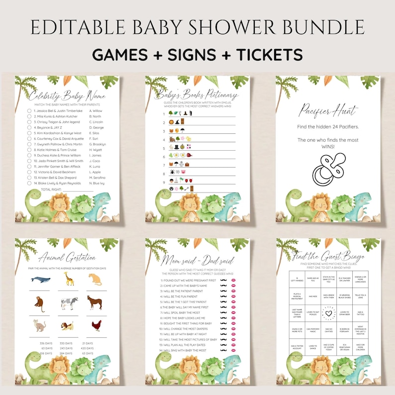 Dinosaur Baby Shower Game Bundle, Dinosaur Baby Shower Game Package ...