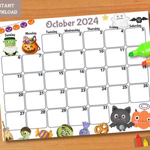 EDITABLE October 2024 Calendar, Printable Kids Calendar 2024, Classroom ...