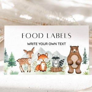 Editable Woodland Baby Shower Place Card, Woodland Animal Food Tag ...