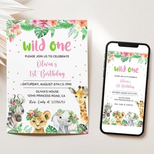 Wild One Birthday Girl Invitation, Editable Wild One Invitation, Safari ...